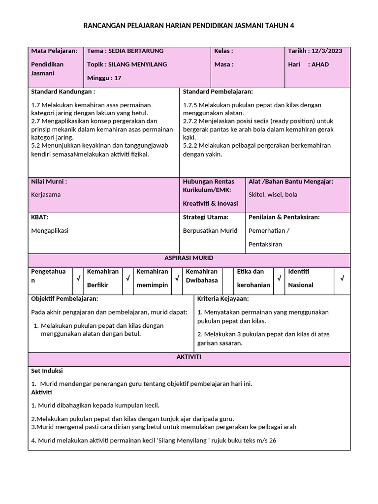 RPH PJ TAHUN 4 2024 M17 at ARAS-1 | PDF