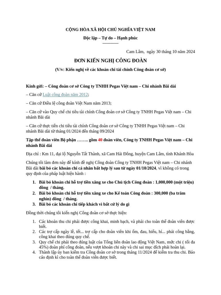 Don Kien Nghi Cong Doan | PDF