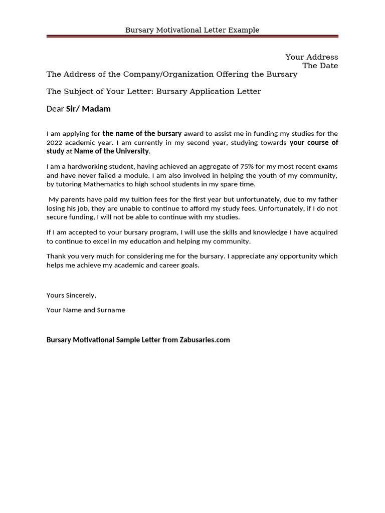 Bursary Motivational Letter Example | PDF