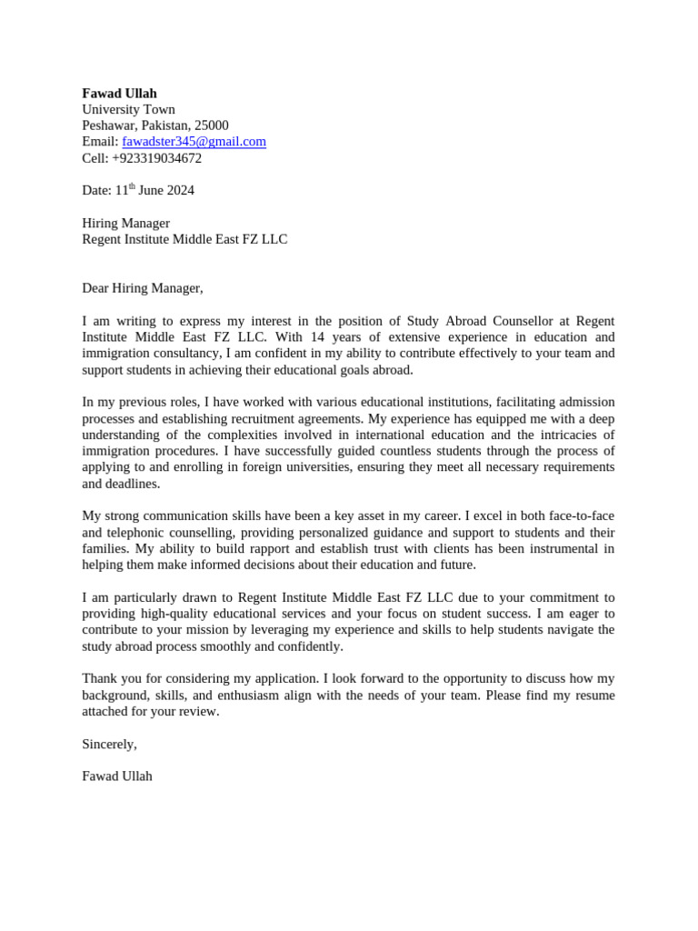 Cover LEtter Study Abroad | PDF