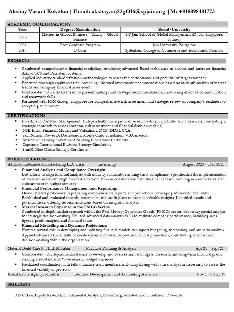 Akshay Vasant Kokitkar - Resume | PDF | Financial Analyst | Business