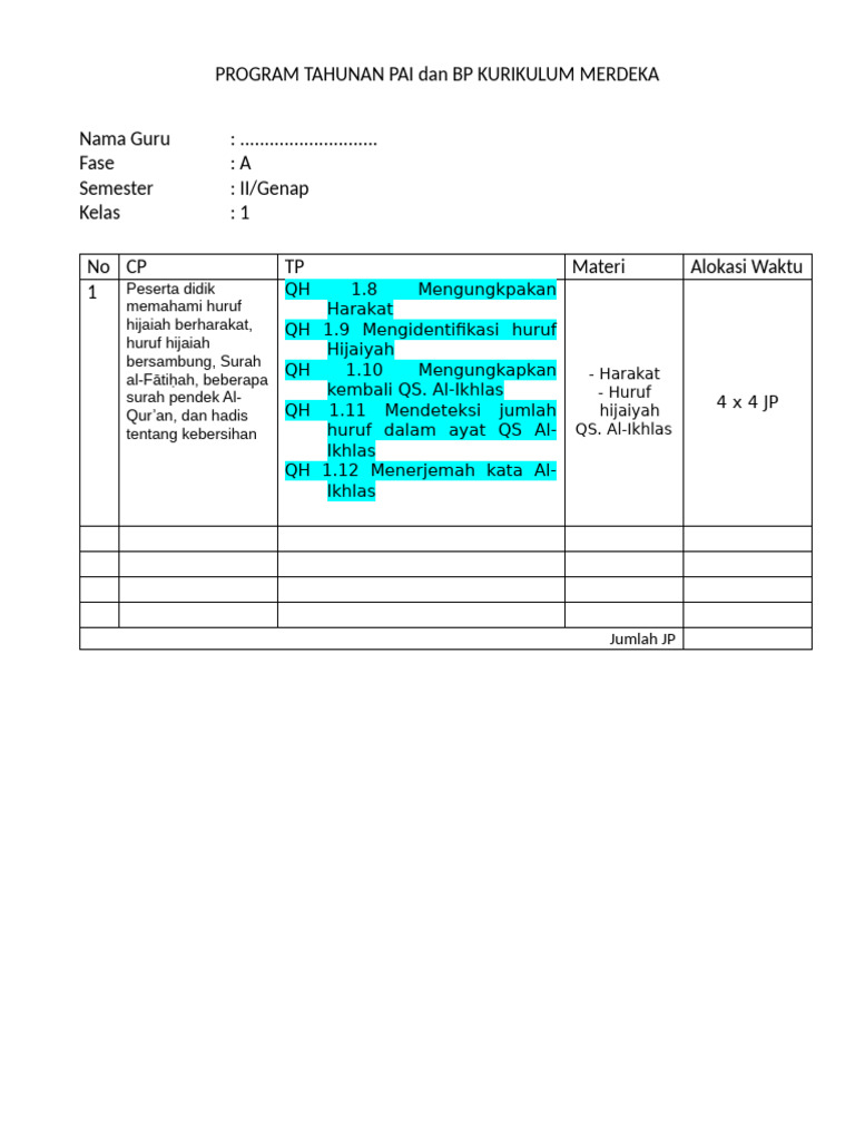 PROGRAM TAHUNAN PAI Dan BP KURIKULUM MERDEKA | PDF