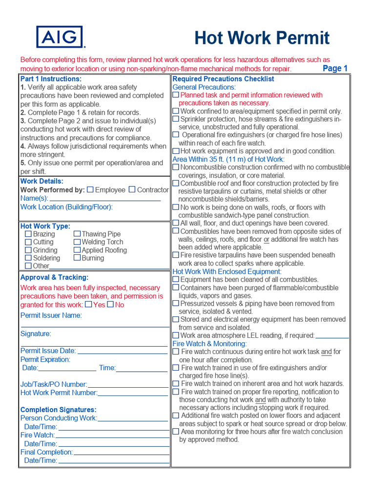 J1911786-01 AIG EN Hot Work Permit English - Indd | PDF | Fires ...
