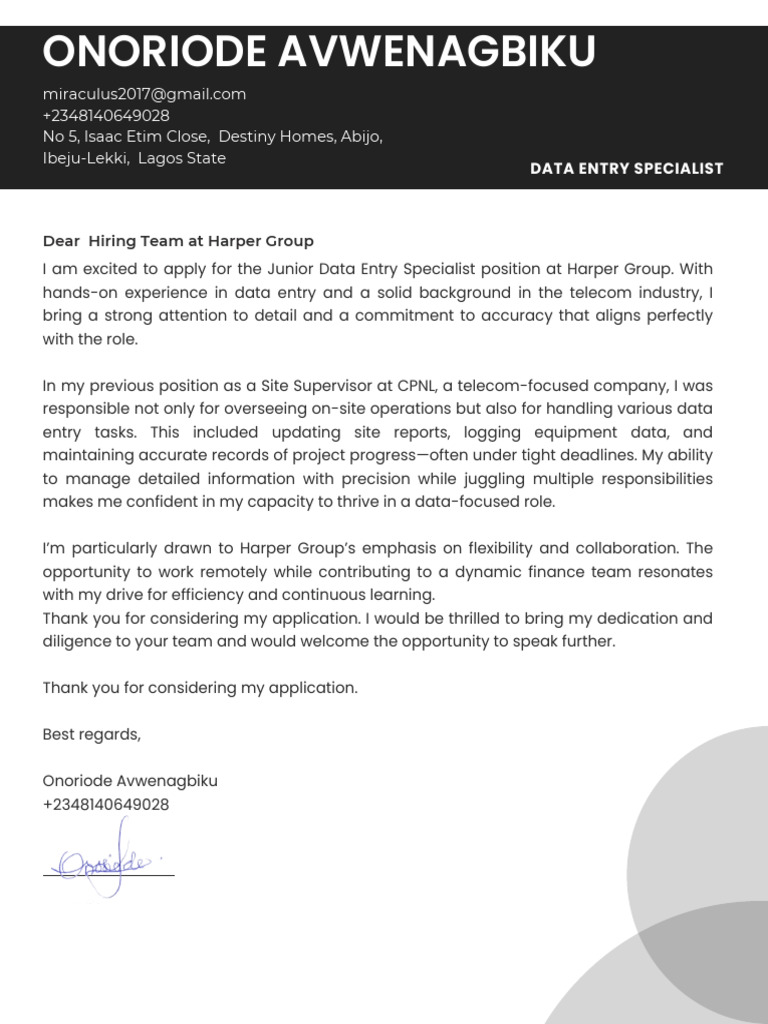 Cover Letter DATA ENTRY SPECIALIST | PDF