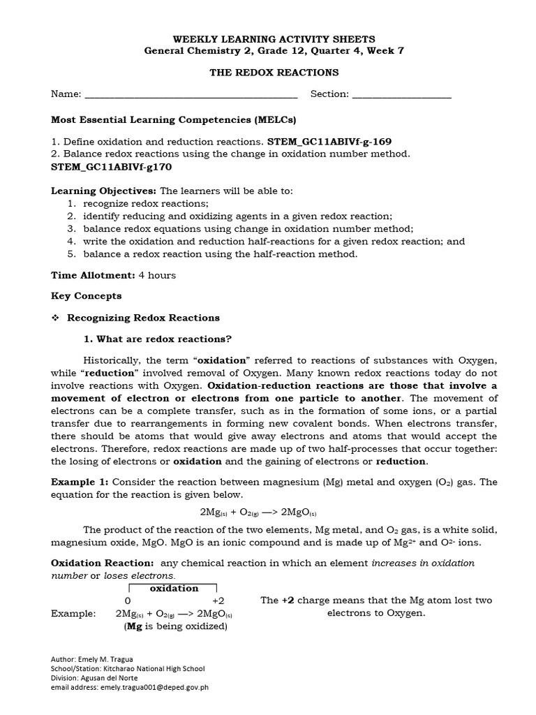 Redox Reaction - Learning Material | PDF | Redox | Chemical Reactions