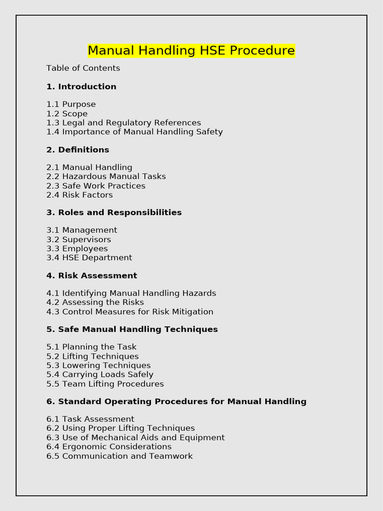 Manual Handling HSE Procedure | PDF | Occupational Safety And Health ...