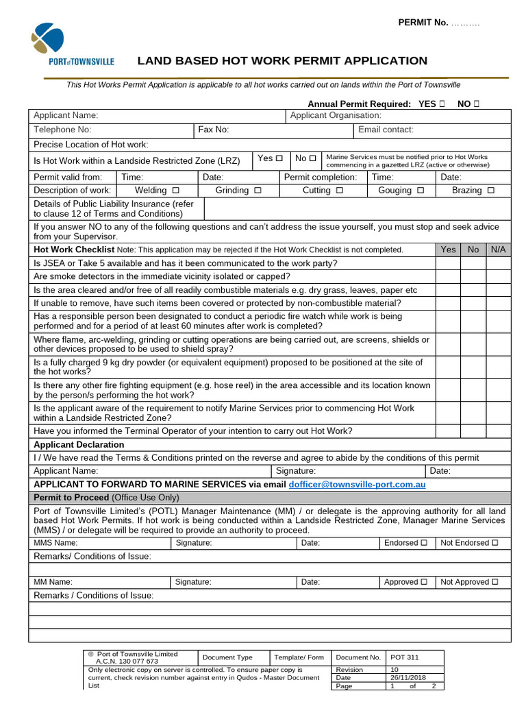 Pot 311 Land Based Hot Work Permit Application 4 | PDF