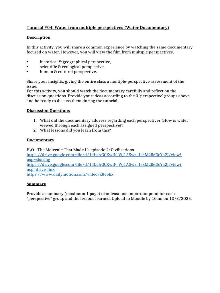 Tutorial #4 Water From Multiple Perspectives | PDF