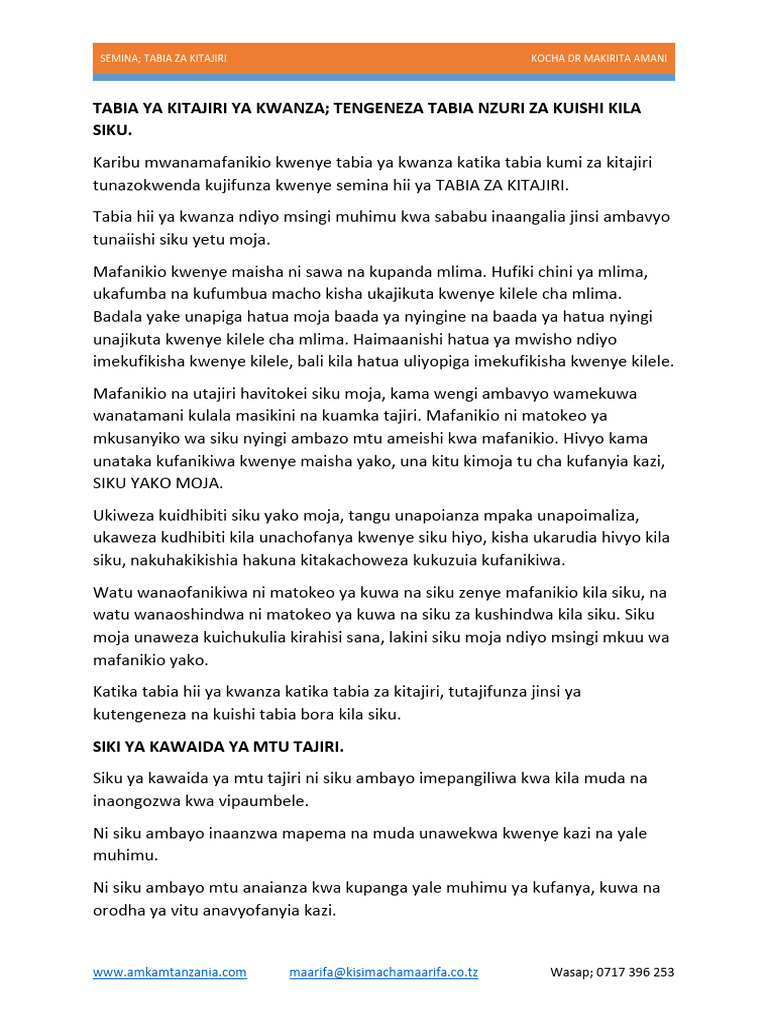 Tabia Ya Kitajiri Ya Kwanza Tengeneza Tabia Nzuri Za Kuishi Kila Siku | PDF