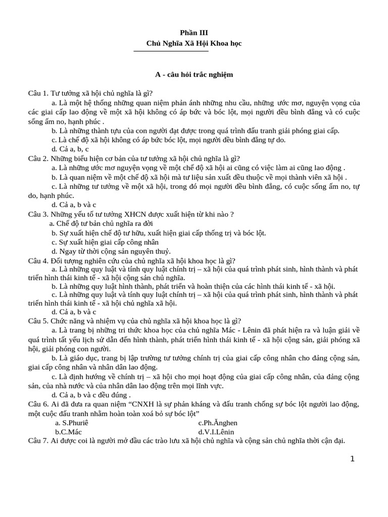 215 Cau Hoi Va Dap An Trac Nghiem Chu Nghia Xa Hoi Khoa Hoc | PDF