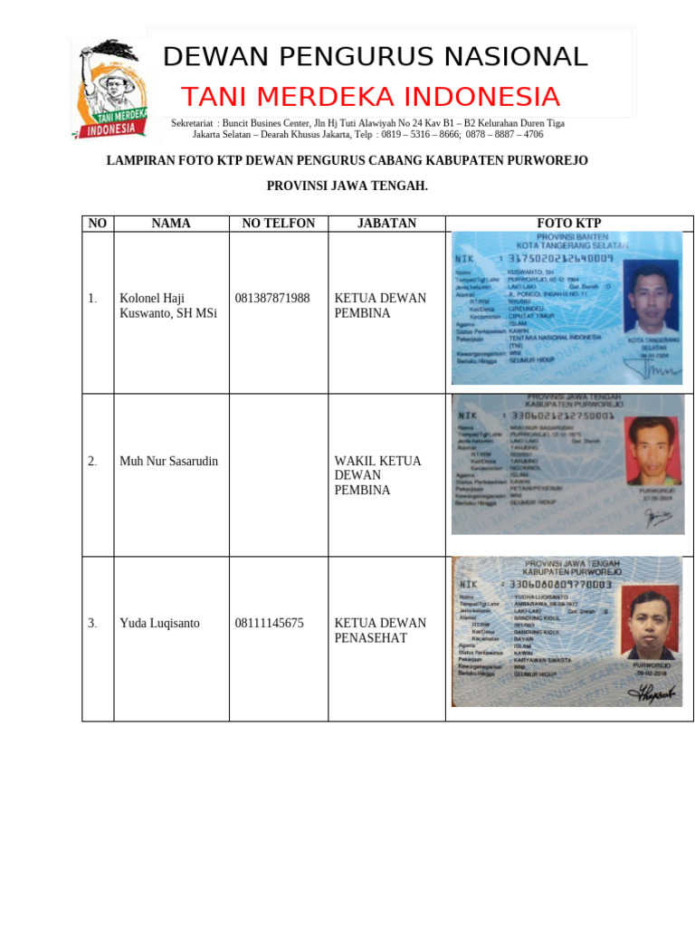 Contoh Lampiran Foto KTP Susunan Kepengurusan Tani Merdeka | PDF