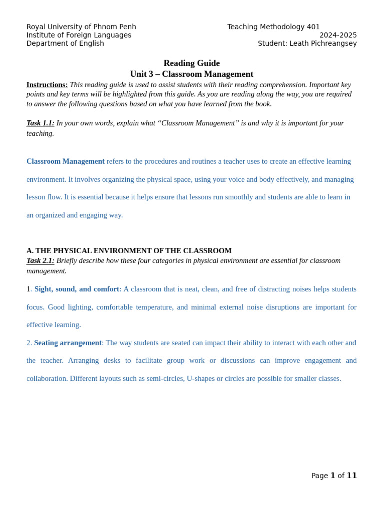 Reading Guide Unit 3_Reangsey | PDF | Classroom Management | Teachers