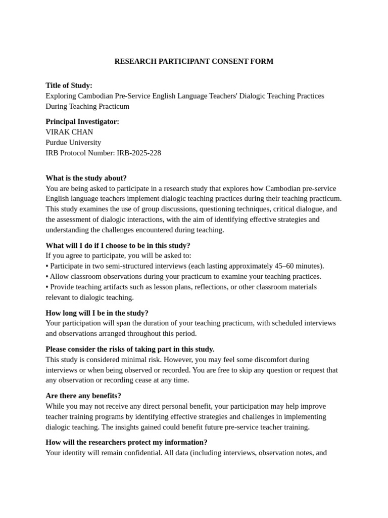 Research Participant Consent Form - 2 | PDF | Teachers | Human ...