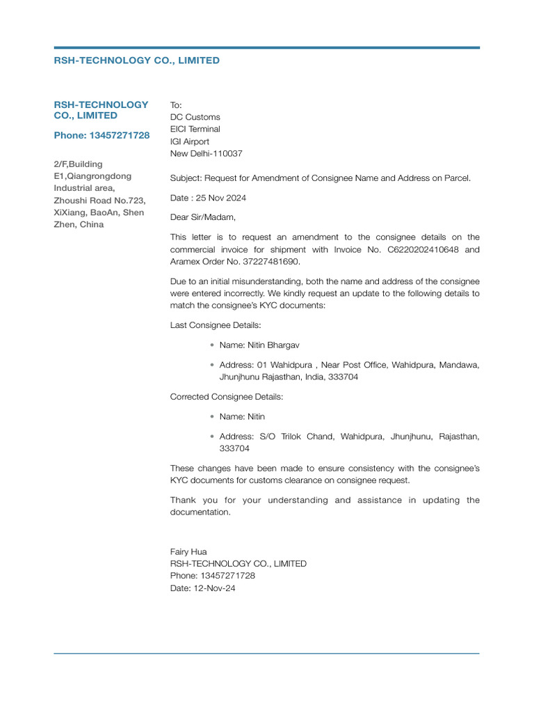 Amendment of Consignee | PDF