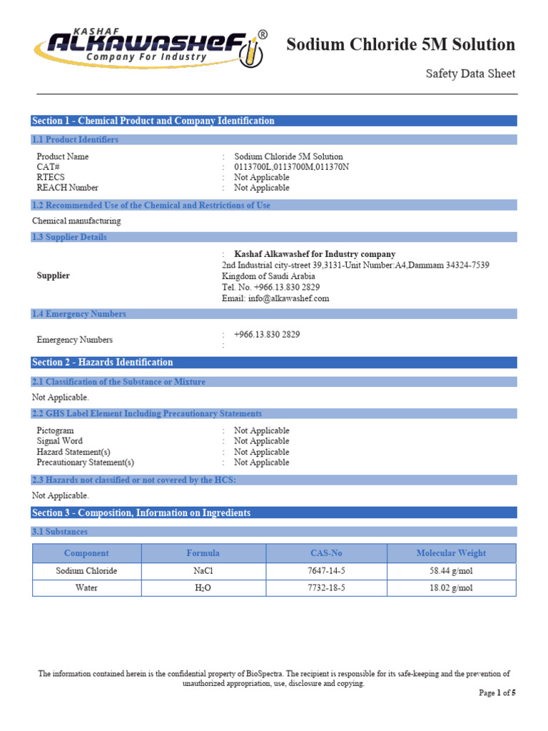 Sodium Chloride 5m Solution | PDF | Personal Protective Equipment | Chemical Substances