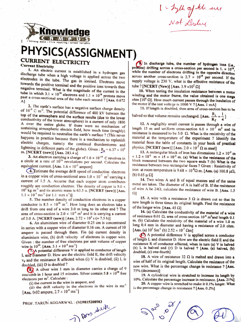 Physics Current Electricity Assignment 1 2 | PDF | Electrical ...