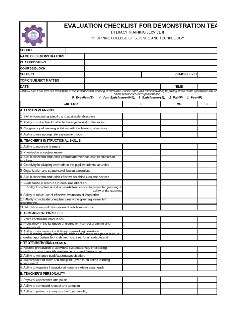 Evaluation Checklist Demo | PDF | Teachers | Learning