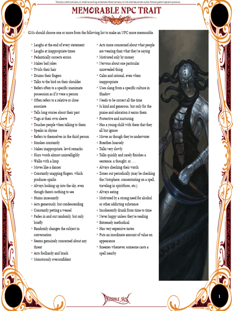 Memorable NPC Traits Invisible Sun | PDF