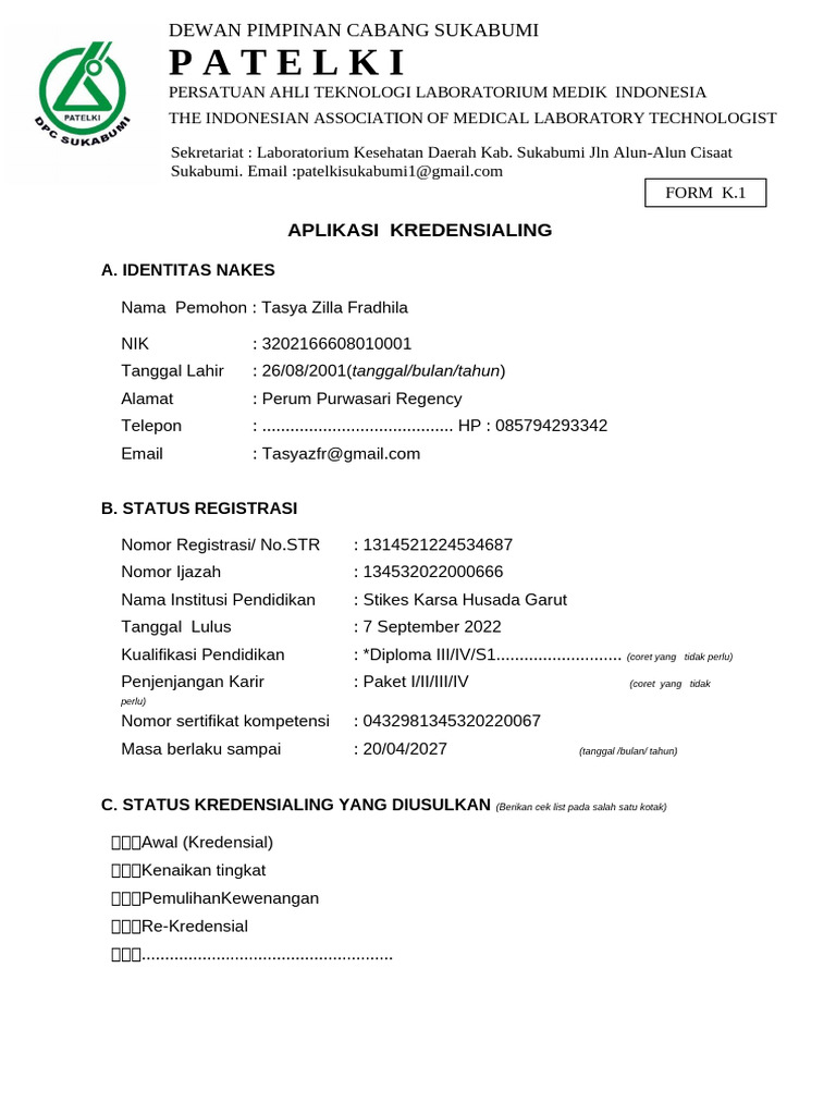 1 Form Ak.1 Aplikasi Kredensialing Atlm Patelki | PDF