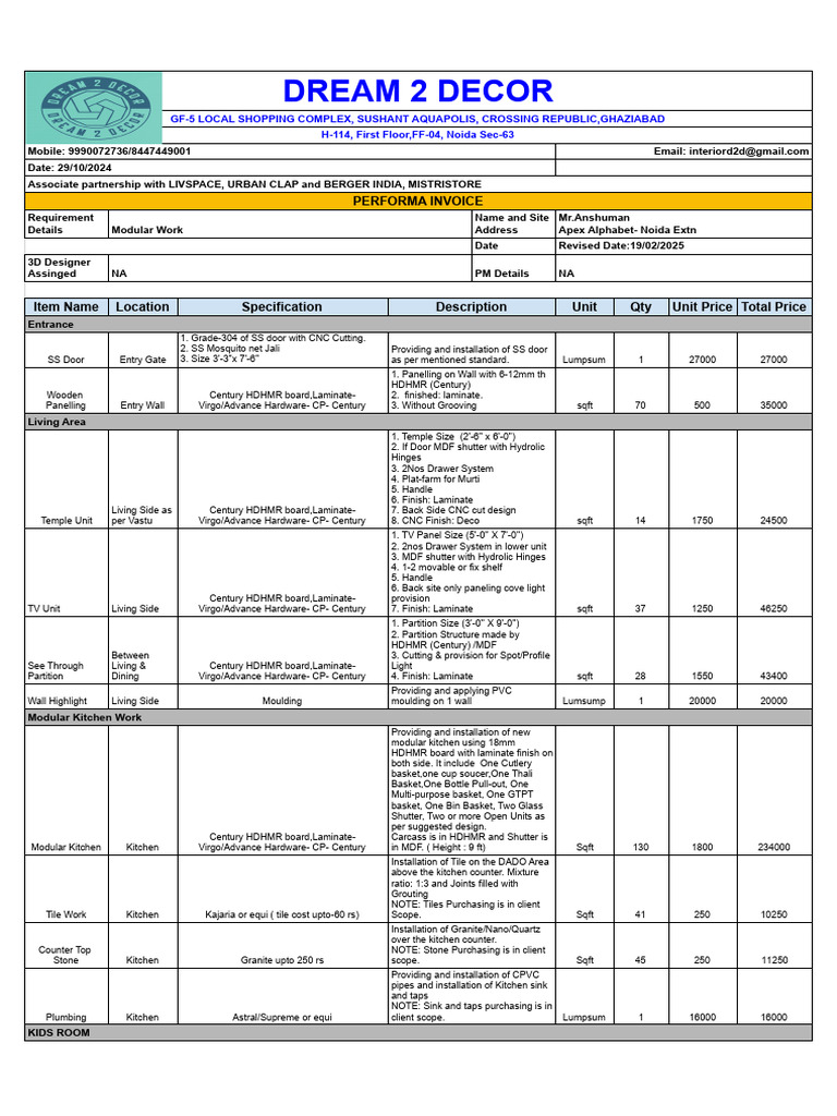 MR - Anshuman - (FINAL BILL) - Addon (6mar) | PDF | Countertop | Door