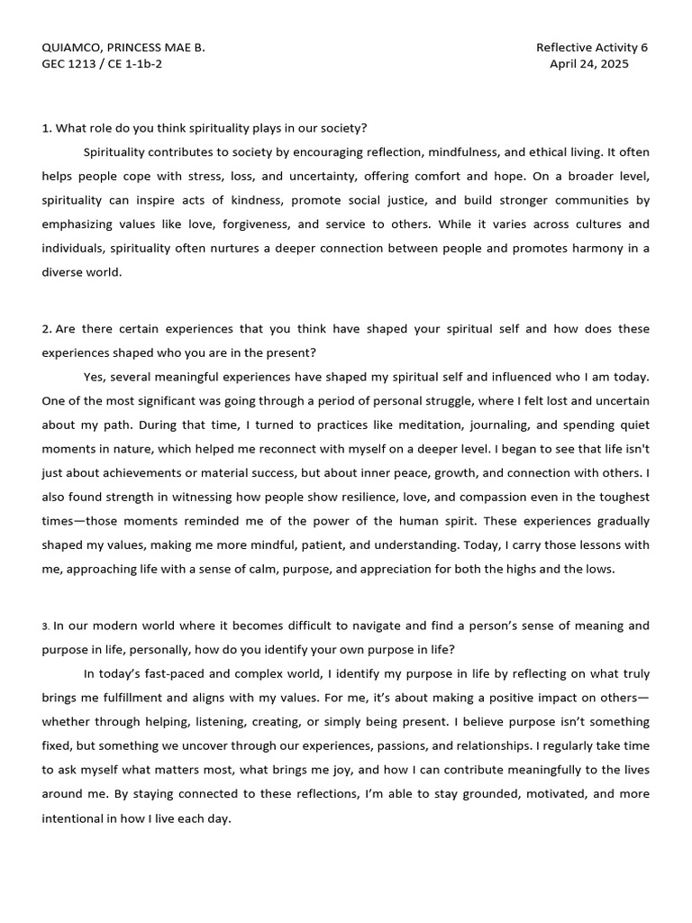 QUIAMCO_Reflective-Activity6 | PDF | Spirituality | Meaning Of Life