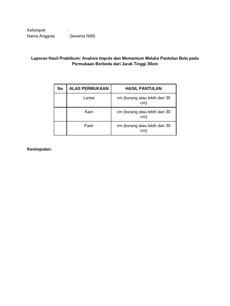 Template Laporan Praktikum Materi Impuls Dan Momentum | PDF