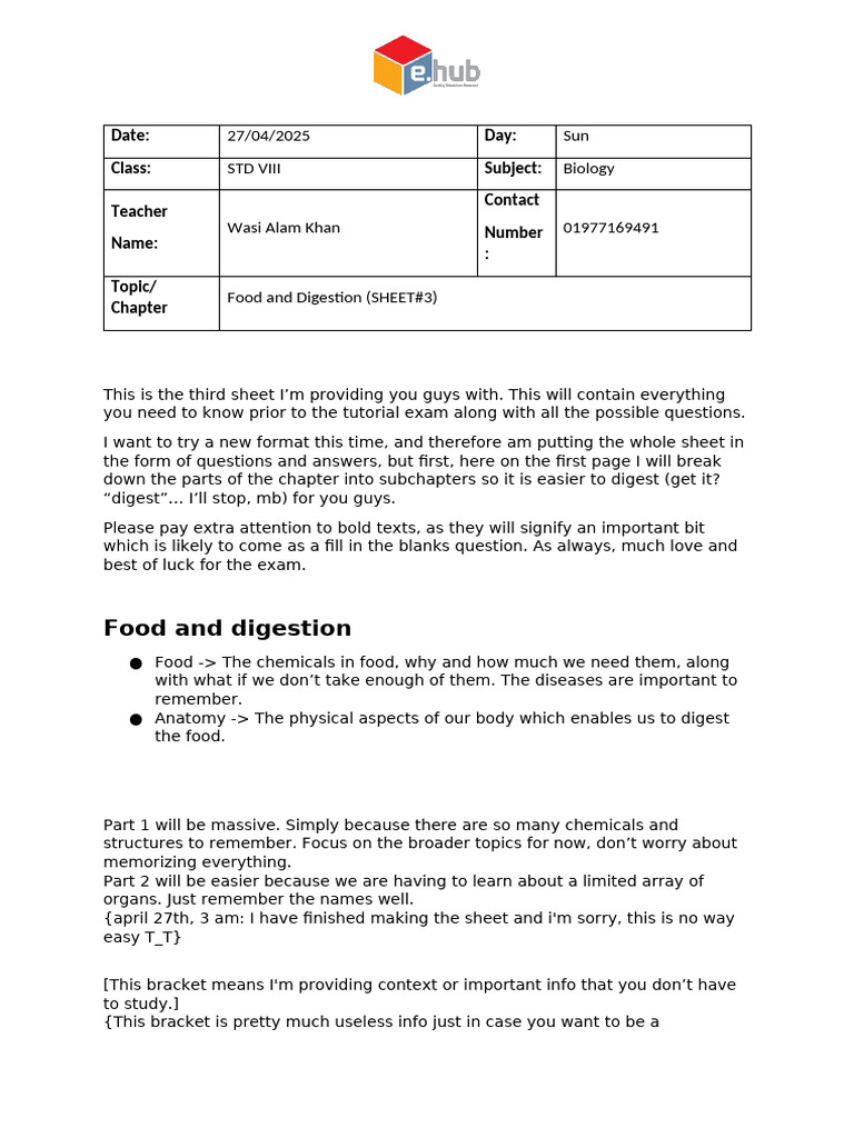 Food and Digestion Study Guide for STD VIII | PDF | Carbohydrates | Starch