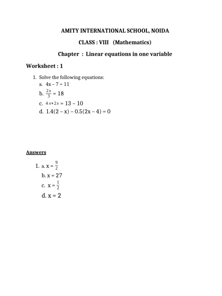 Work Sheet Linear Equations 1 | PDF