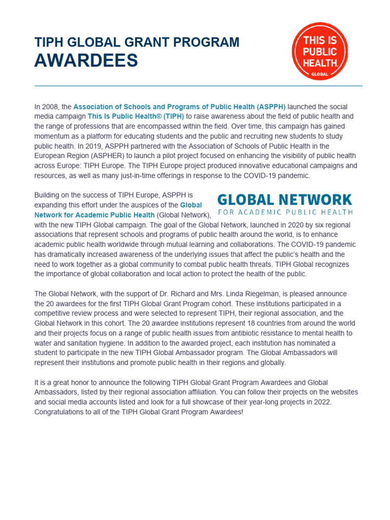 TIPH Awardees Announcement | PDF | Public Health | Hand Washing