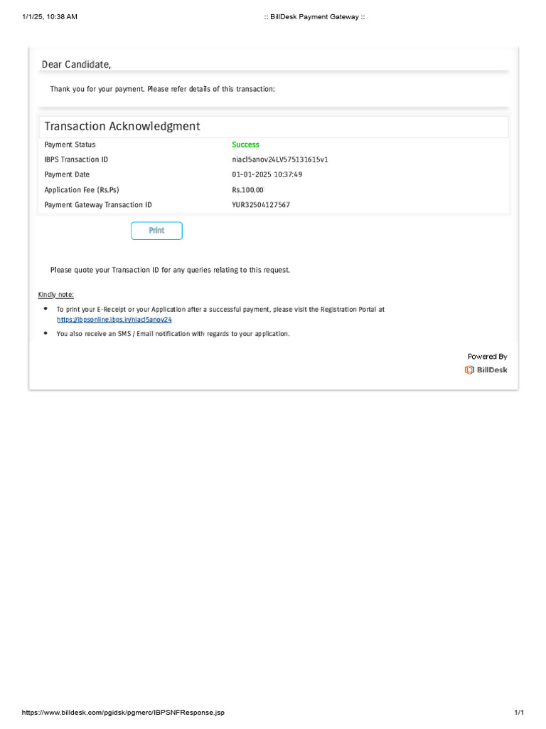 BillDesk Payment Gateway - Niacl Payment Receipt | PDF