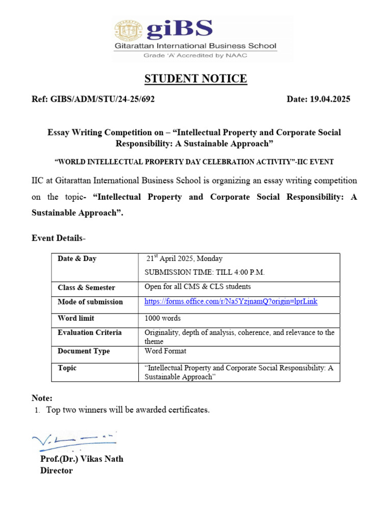 692-Iiic Essay Writing Competition Schedule On 21.04.2025 Open For All ...