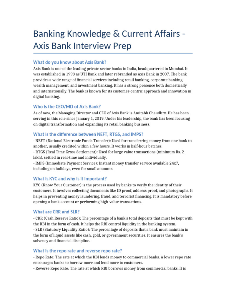Axis Bank Interview Preparation Guide | PDF | Reserve Bank Of India ...