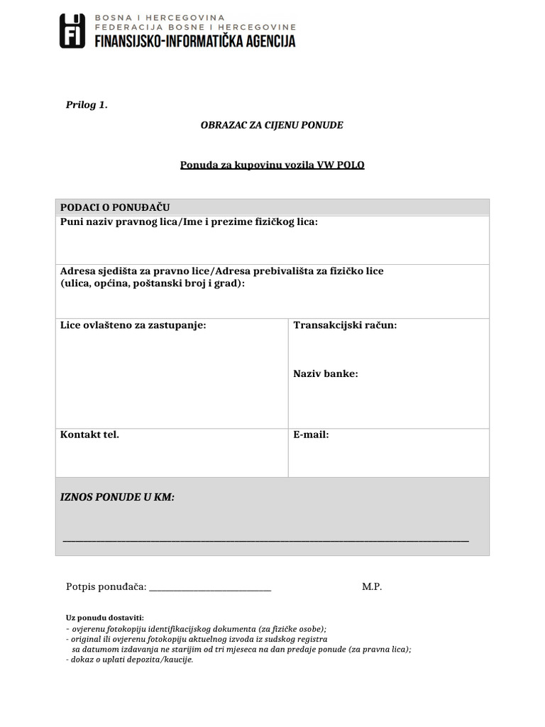 Obrazac Za Cijenu Ponude (Prilog 1) | PDF