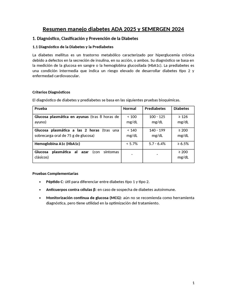 Resumen manejo diabetes ADA 2025 | PDF | Diabetes | Hipoglucemia