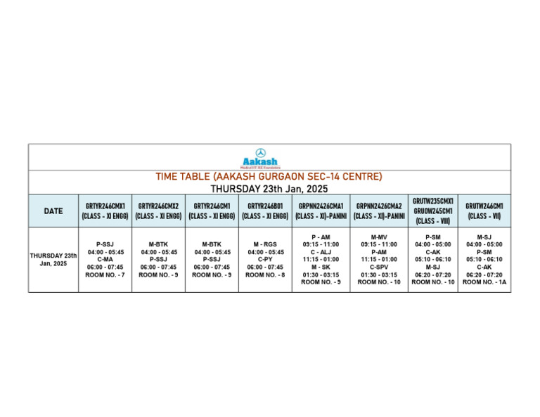 Aakash Gurgaon Class XI Timetable | PDF