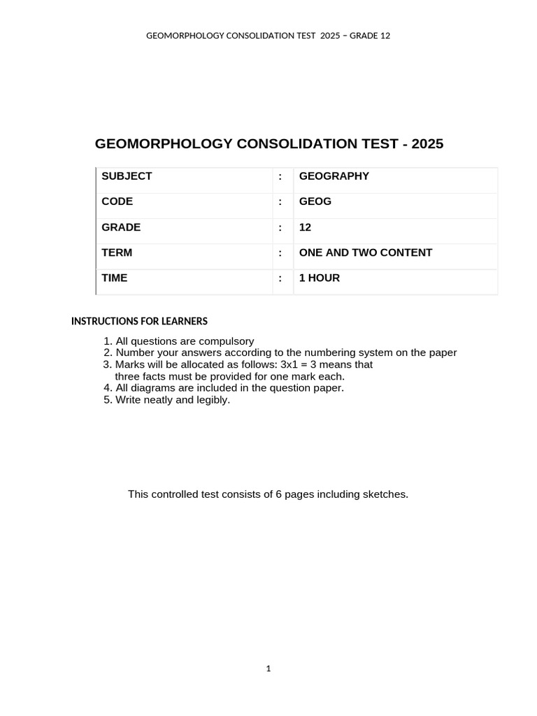 Grade 12 Geomorphology Test 2025 | PDF | Drainage Basin | Stream