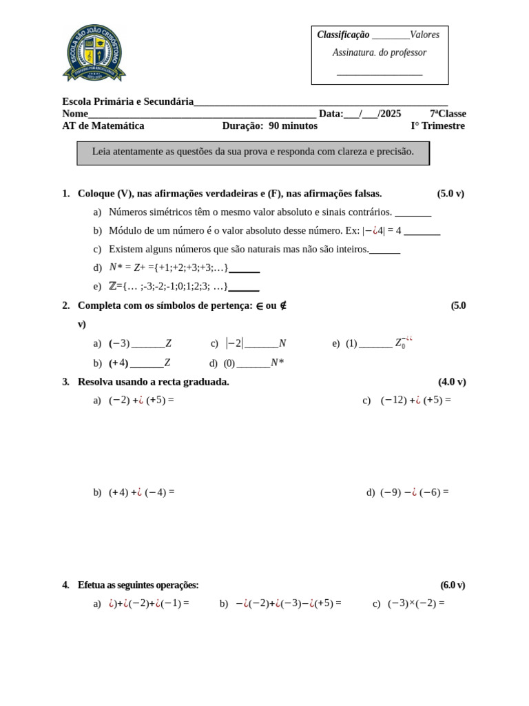 Prova de Matemática 7ª Classe - 1º Trimestre | PDF