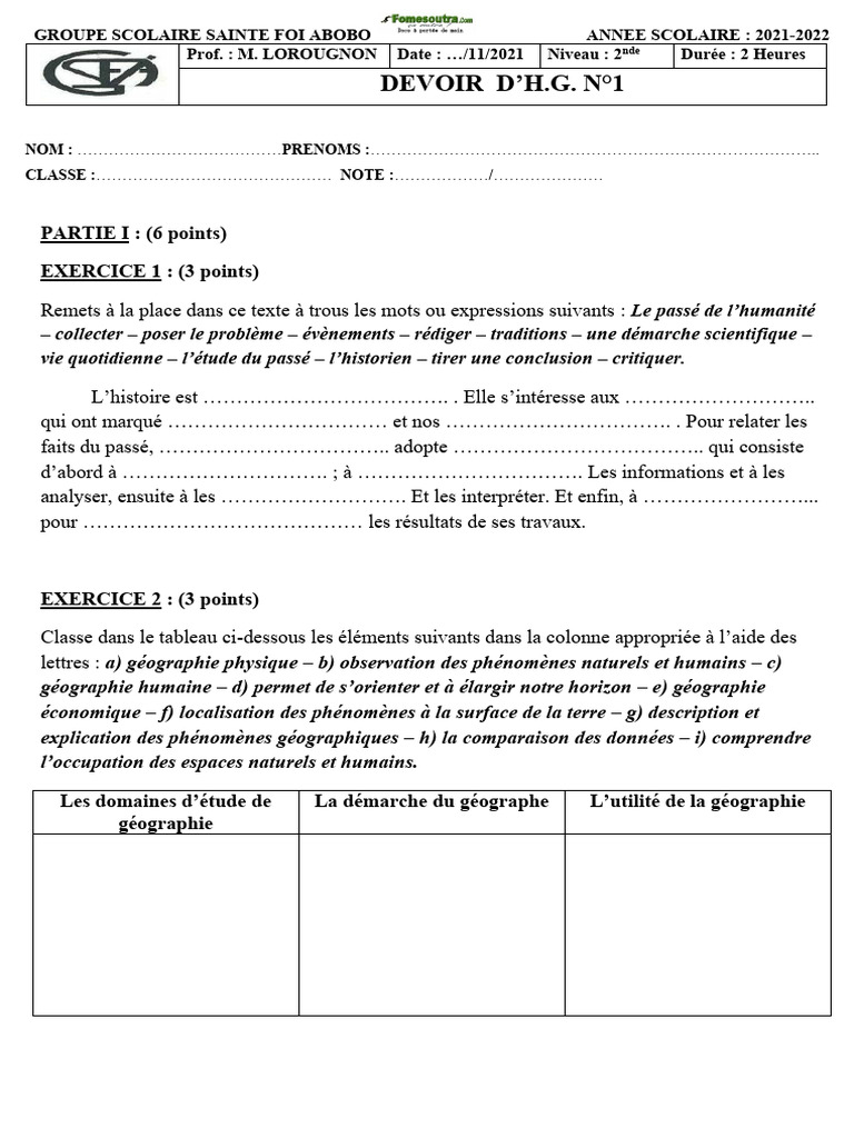 Devoir N°1H.G niveau 2nde | PDF