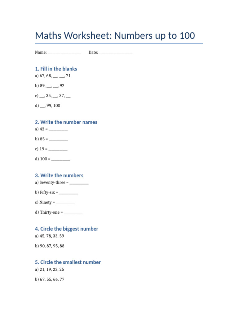 Numbers Upto 100 Worksheet | PDF
