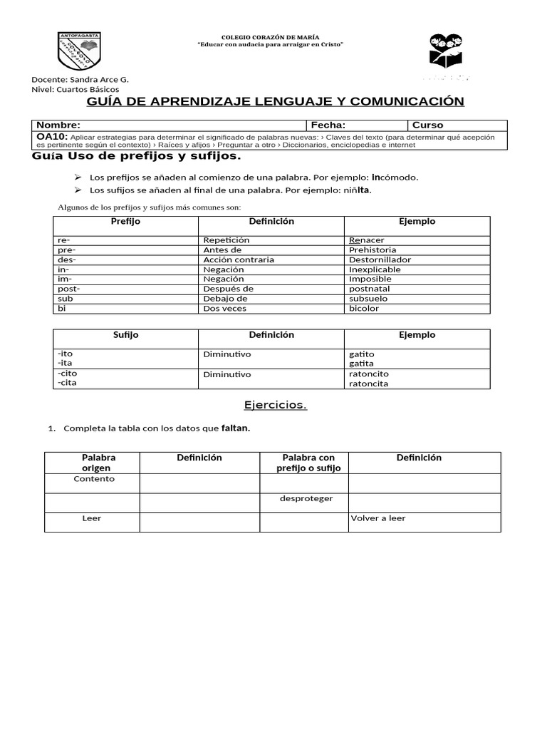 Guía Cuarto Prefijo y Sufijo | PDF | Lingüística | Morfología Lingüística