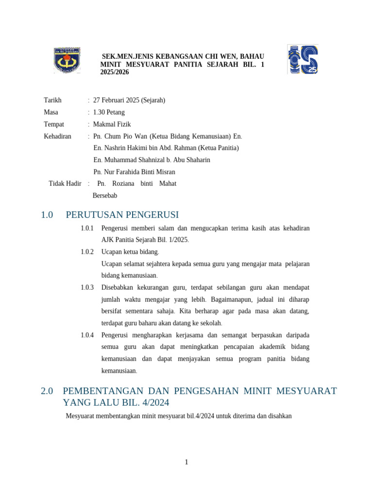 Minit Mesyuarat Kali Pertama Sejarah 2025 | PDF