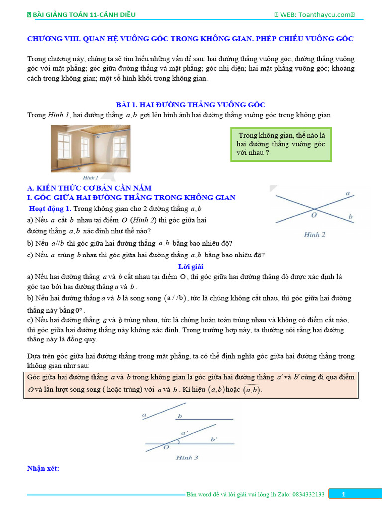 Quan He Vuong Goc Trong Khong Gian Phep Chieu Vuong Goc Toan 11 Canh Dieu | PDF