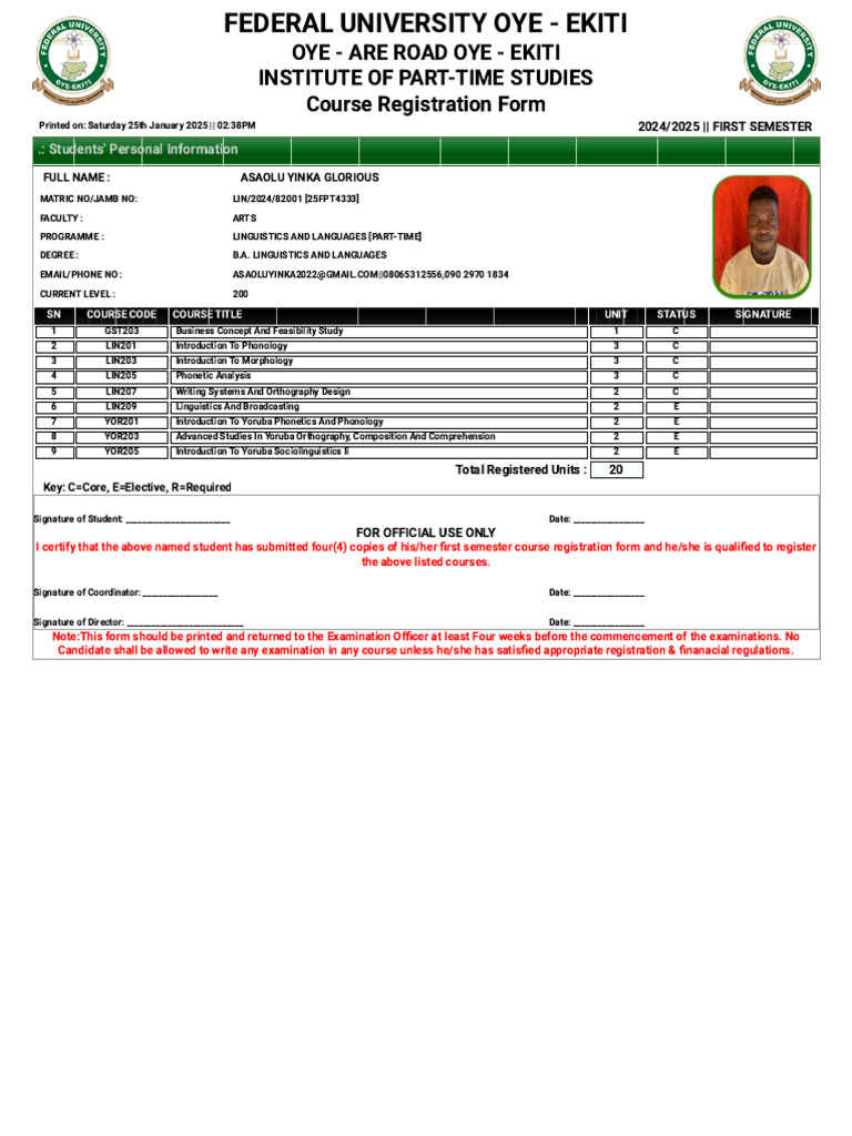 Course Registration Form - Asaolu Yinka Glorious - FIRST Semester 2024 ...