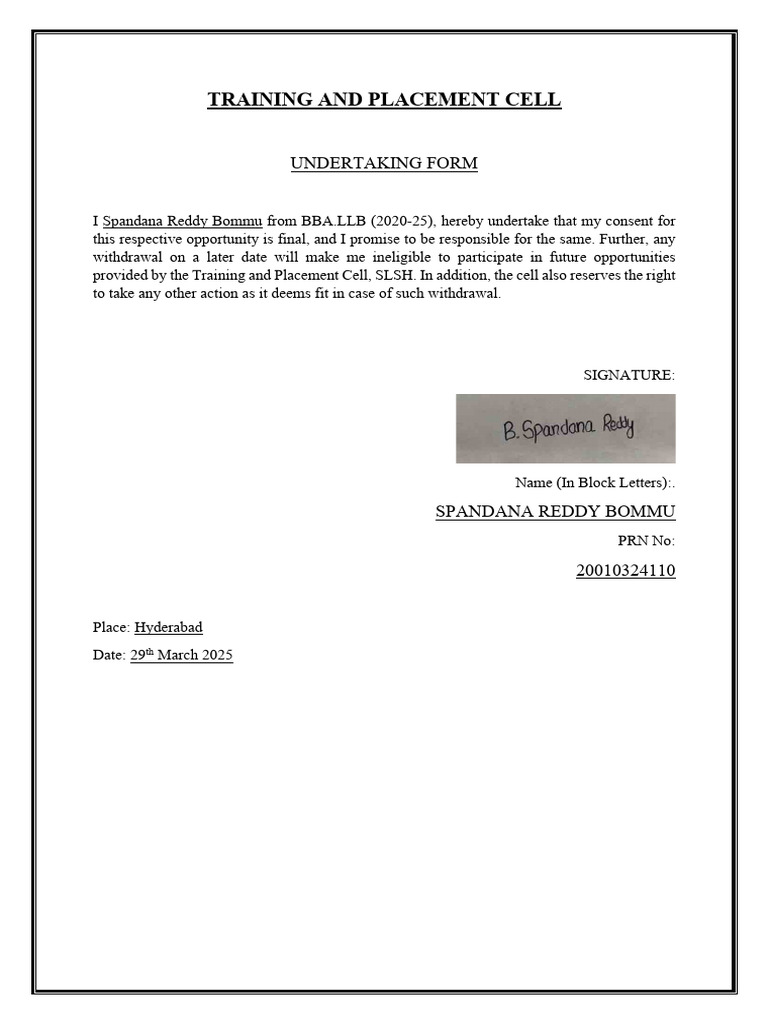Undertaking Form - T&P Cell | PDF