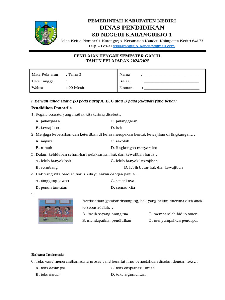 Soal PTS Ganjil - Tema 3 - Kelas 6 - 2024-2025 | PDF