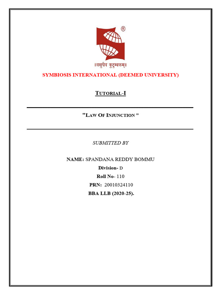 Law of Injunction - Tutorial-I | PDF