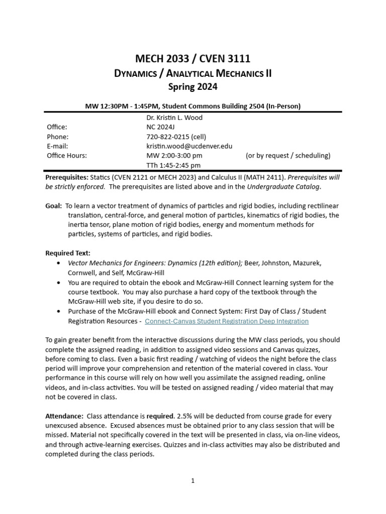 MECH 2033 - Dynamics - Syllabus - Spring 2024 | PDF | Mechanical ...