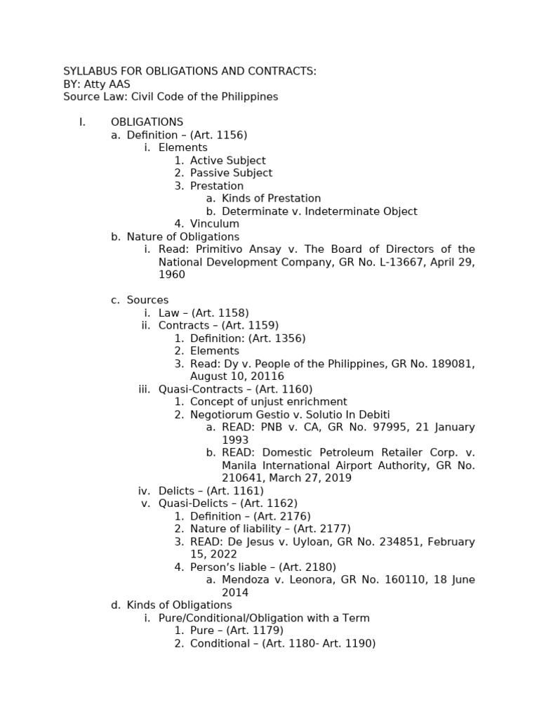Syllabus For Obligations and Contracts | PDF | Law Of Obligations | Justice