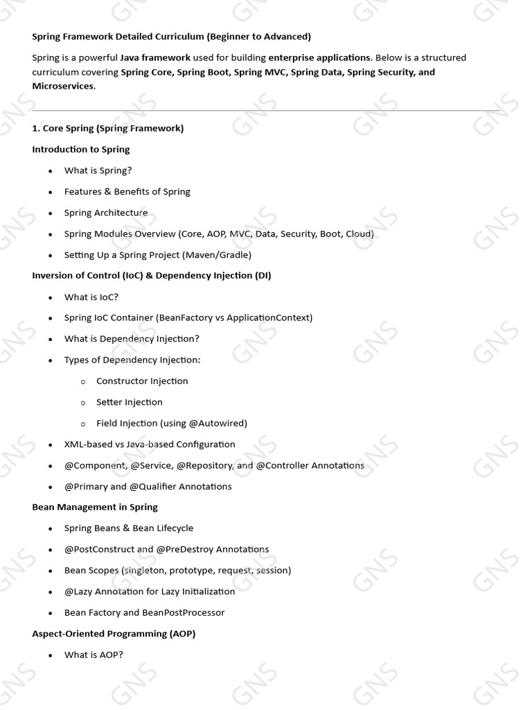 Spring Framework Detailed Curriculum - Watermarked | PDF | Spring Framework | Computing