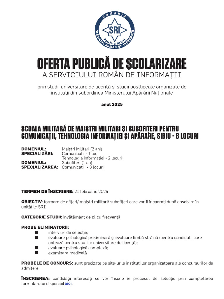 Oferta Scolarizare SRI 2025 | PDF
